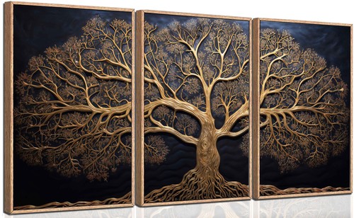 3Pcs Vintage Tree Life Canvas Wall Art Abstract Gold Tree Painting ...