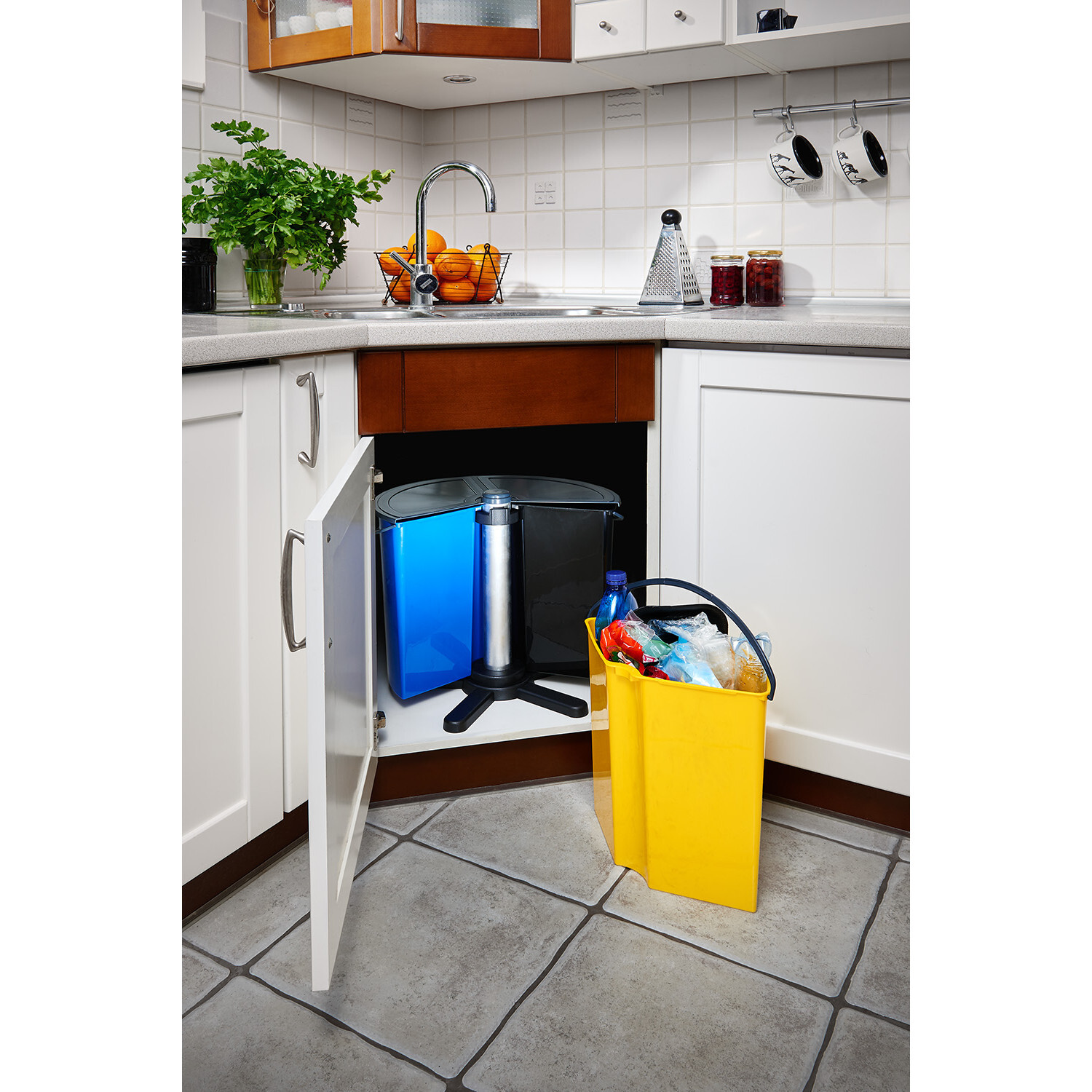 Sorting Waste Bin Set 3 Compartments Lid Rotable Round Under Cabinet ...