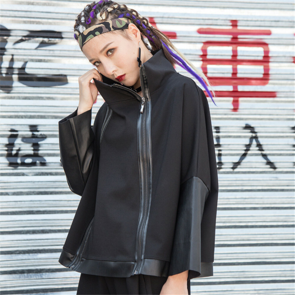 Fashion Korean Womens Leather Patchwork Jackets Vintage Turtleneck ...