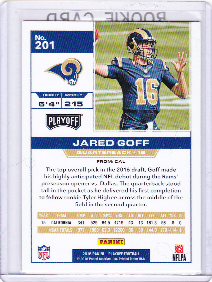 JARED GOFF ROOKIE CARD Los Angeles Rams 2016 Playoff Football RC Golden ...