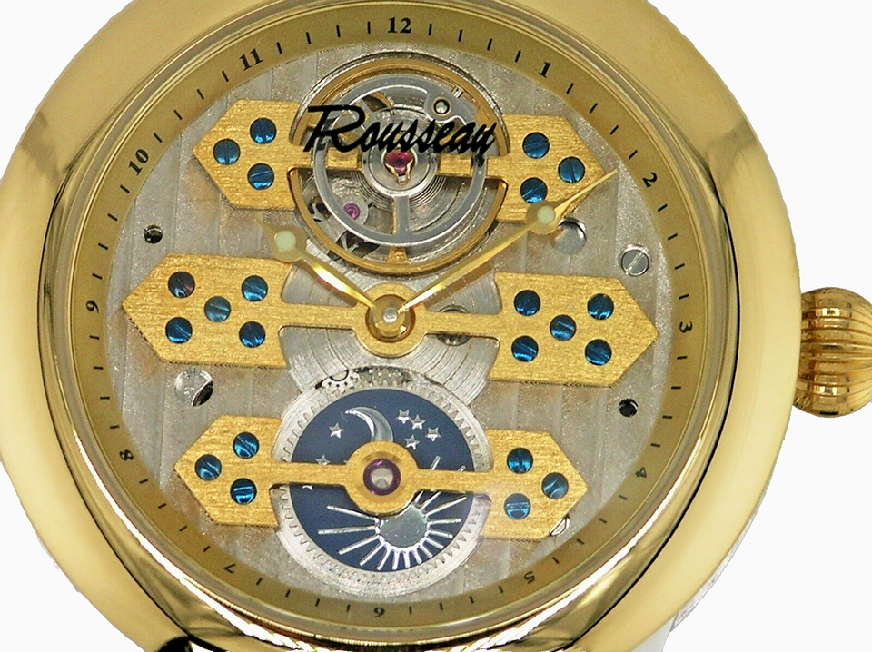 NEW ROUSSEAU GESTALT GOLD BROWN LEATHER AUTOMATIC TRIPLE BRIDGE WATCH ...