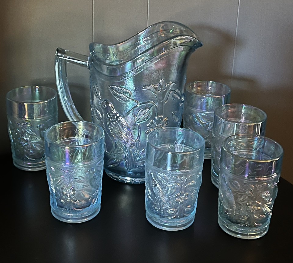 Imperial Lenox -Robin -Light Ice Blue Carnival Glass - Pitcher & 6 ...