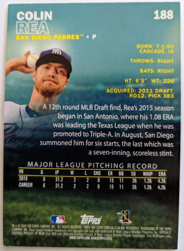 COLIN REA 2016 Topps Stadium Club GOLD #188 Rookie RC San Diego PADRES ...