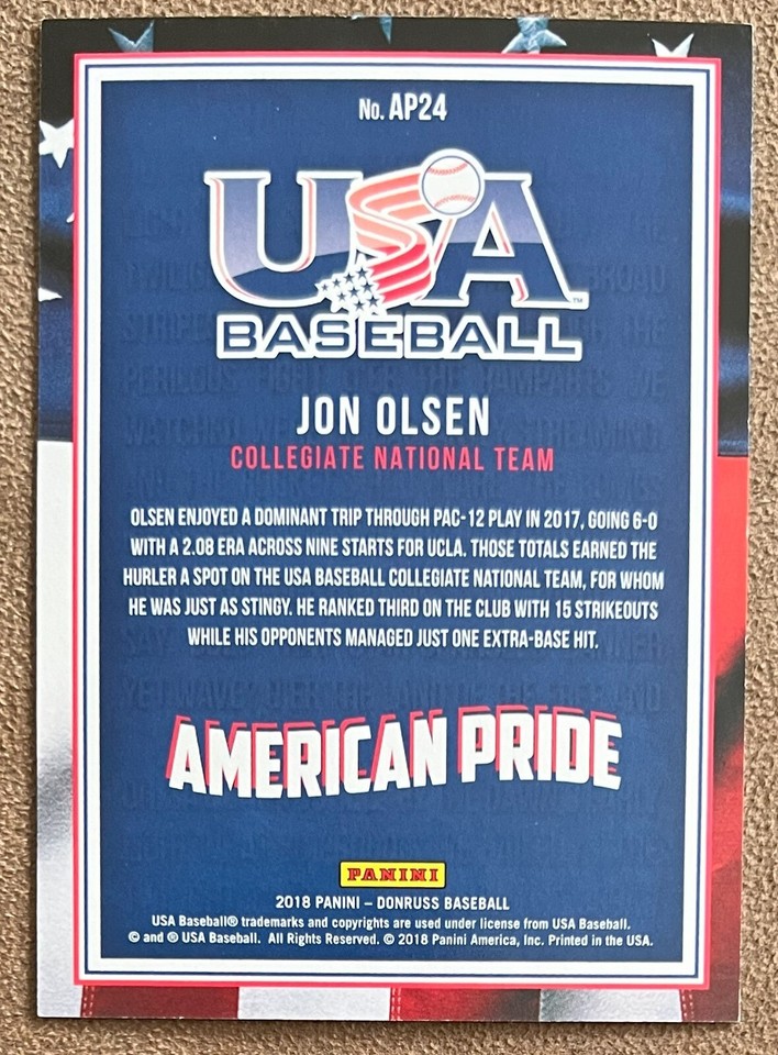 Jon Olsen 2018 Donruss American Pride #AP25 /349 USA Baseball Numbered ...