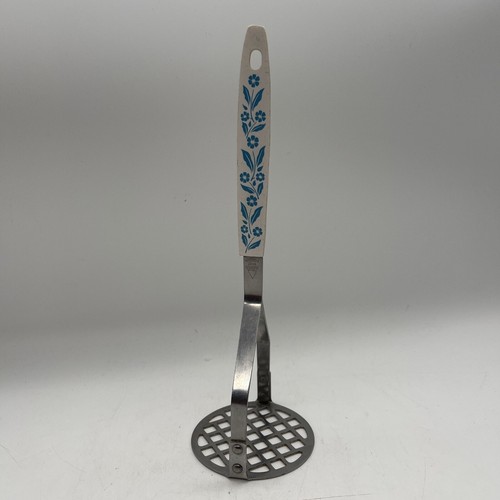 Vintage Household Stainless Potato Masher White Blue Flowers Handle 10 ...