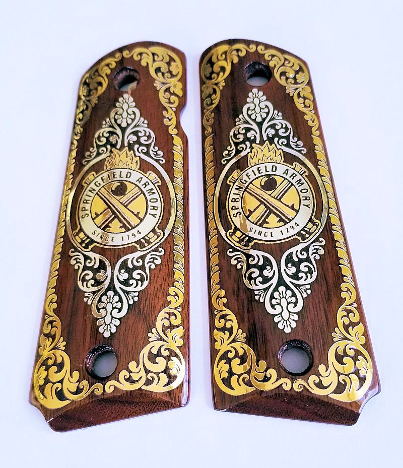 1911 Springfield Armory custom engraved wood grips gold silver Logo ...