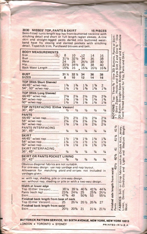 3030 Vintage Butterick SEWING Pattern Misses Semi Fitted Top Pants ...