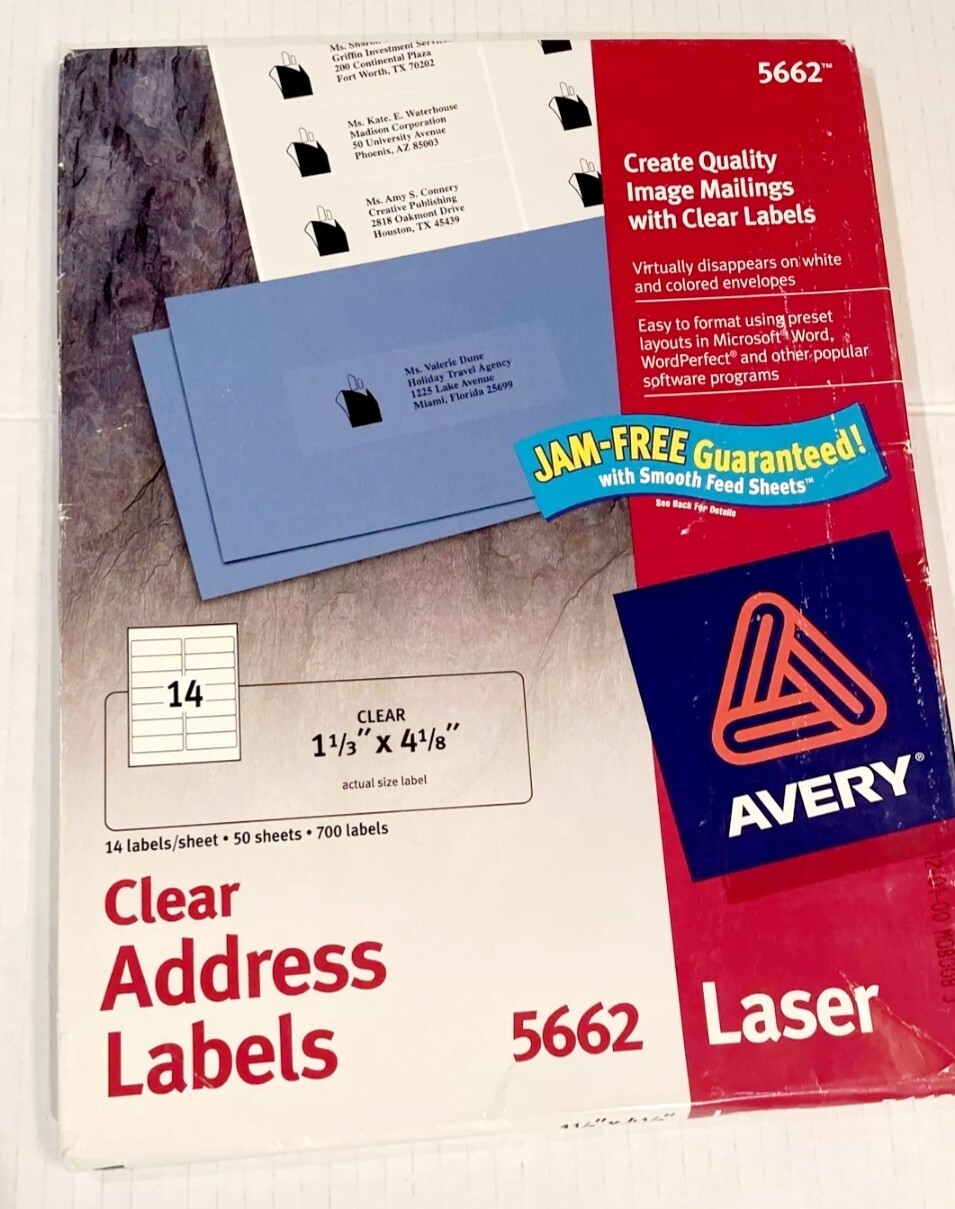 NEW & SEALED AVERY LASER 700 CLEAR ADDRESS LABELS 5662 1-1/3" x 4-1/8 ...