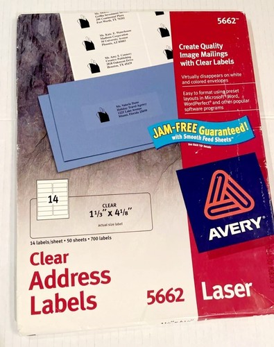 NEW & SEALED AVERY LASER 700 CLEAR ADDRESS LABELS 5662 1-1/3" x 4-1/8 ...