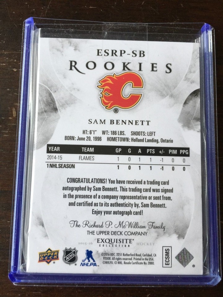 2015-16 EXQUISITE COLLECTION SAM BENNETT ROOKIE SIGNATURES AUTO #ESRP ...