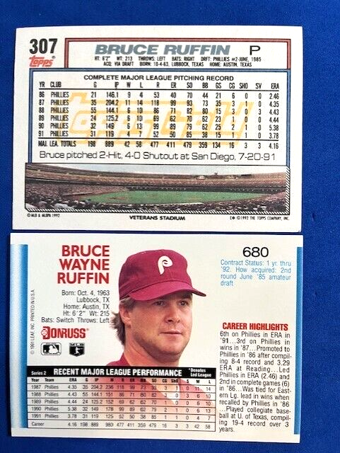 MLB - Bruce Ruffin 1992 Topps Gold Winner & 1992 Donruss Baseball ...