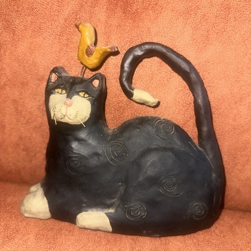 7x8 Composite Cat Sculpture Signed E.R.S. Wire Whiskers Bird On Head ...