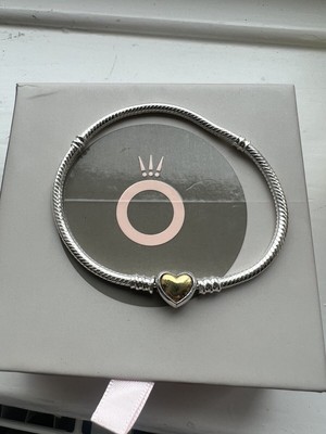 Pandora Domed Golden Heart Clasp Silver Snake Chain Bracelet 19cm ...