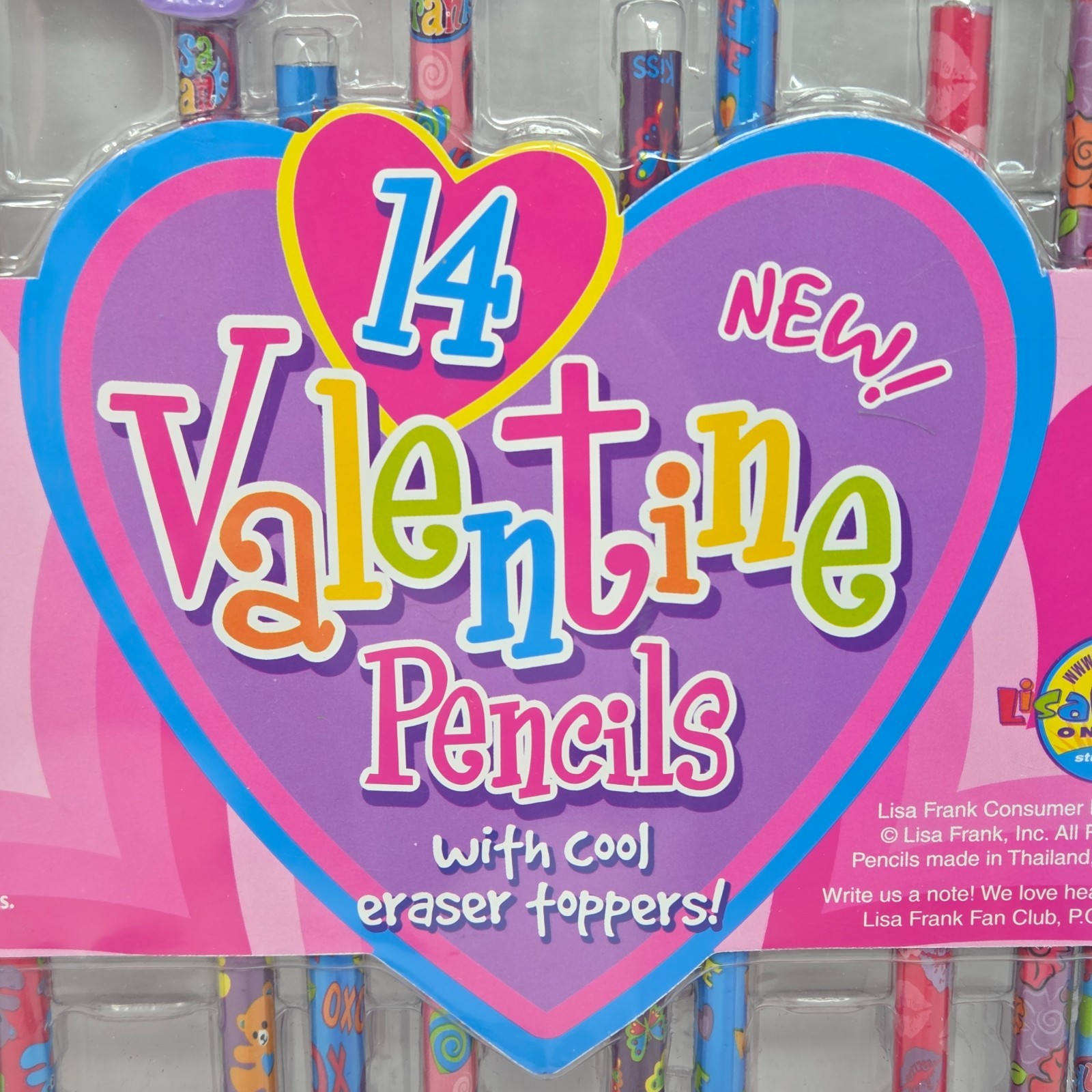 LISA FRANK 14 VALENTINE PENCILS W ERASER TOPPERS NEW IN PACKAGE HEART ...
