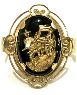 Vintage Hinged Scarf Clip Resin Encased Rickshaw Asian Gold Black Oval ...