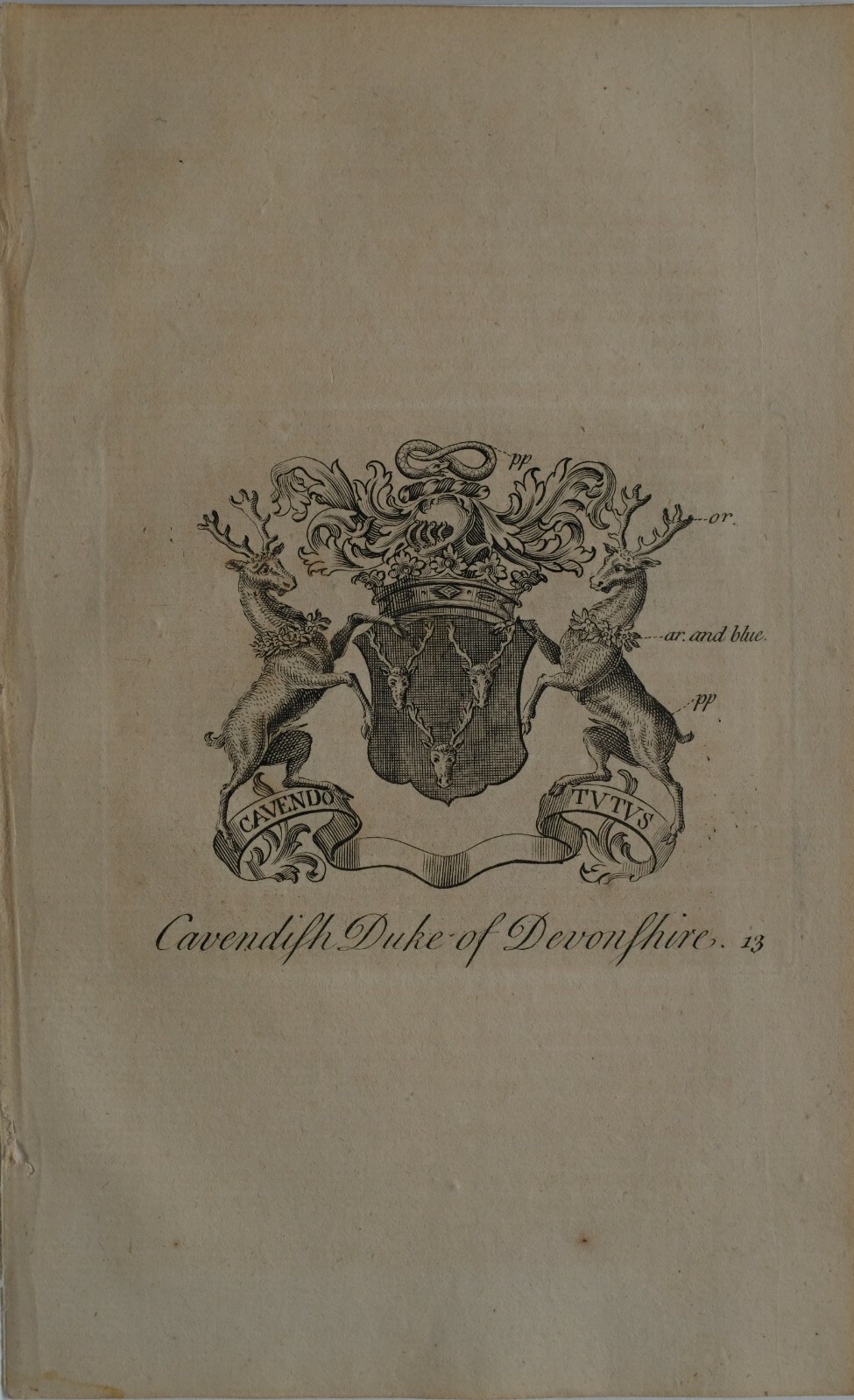 1779 ANTIQUE PRINT CAVENDISH DUKE OF DEVONSHIRE FAMILY CREST COAT OF ...