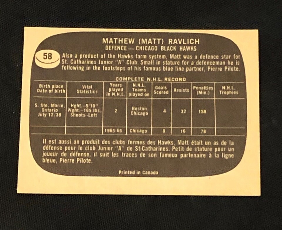 MATT RAVLICH 1966-67 TOPPS SIGNED AUTOGRAPHED CARD #58 CHICAGO BLACK ...