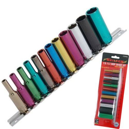 12pc Multi Coloured Metric Deep Socket 4mm - 13mm 6pt Set 1/4" Drive ...