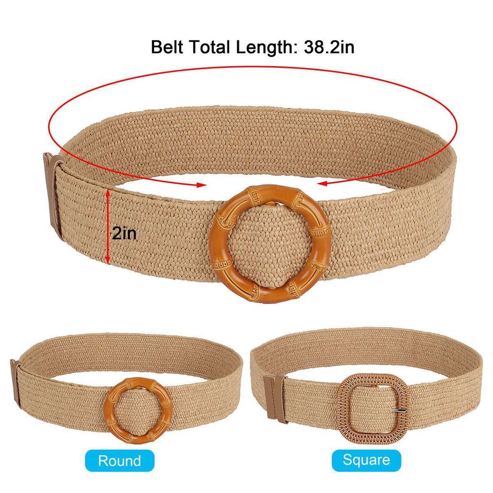 Hot Women's Leather Covered Buckle Straw Woven Elastic Stretch Belt 2 ...