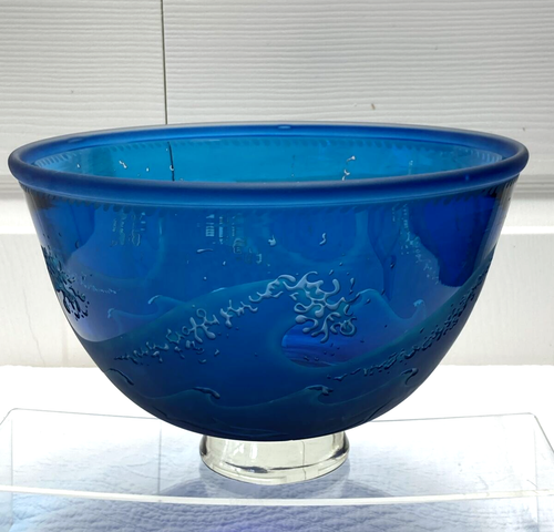 HTF MARY MULLANEY OCEAN BLUE "WAVES" ART GLASS BOWL 2000 ~LIMITED ...