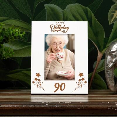 Happy 90th Birthday White Wooden Portrait Photo Frame Star Design Gift ...