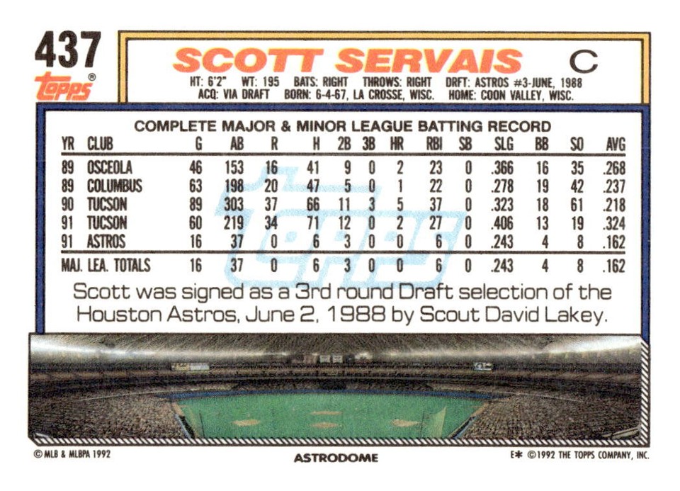 1992 Topps #437 Scott Servais - Houston Astros | eBay