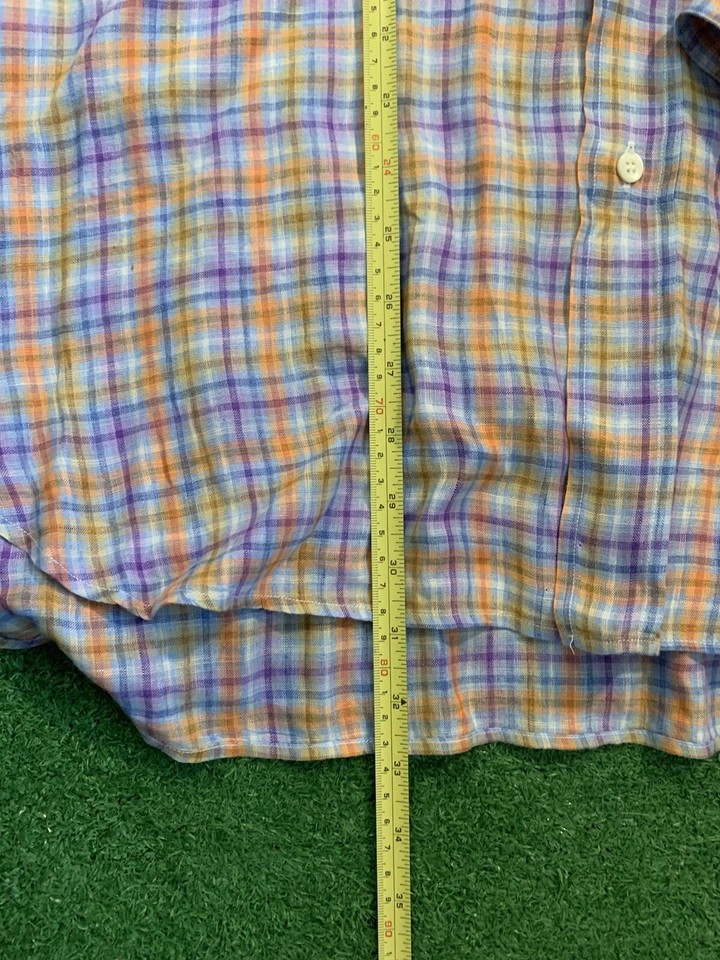 Brioni Mens 100% Linen Button Up Multi Color Plaid Xl (l.V.) Purple ...