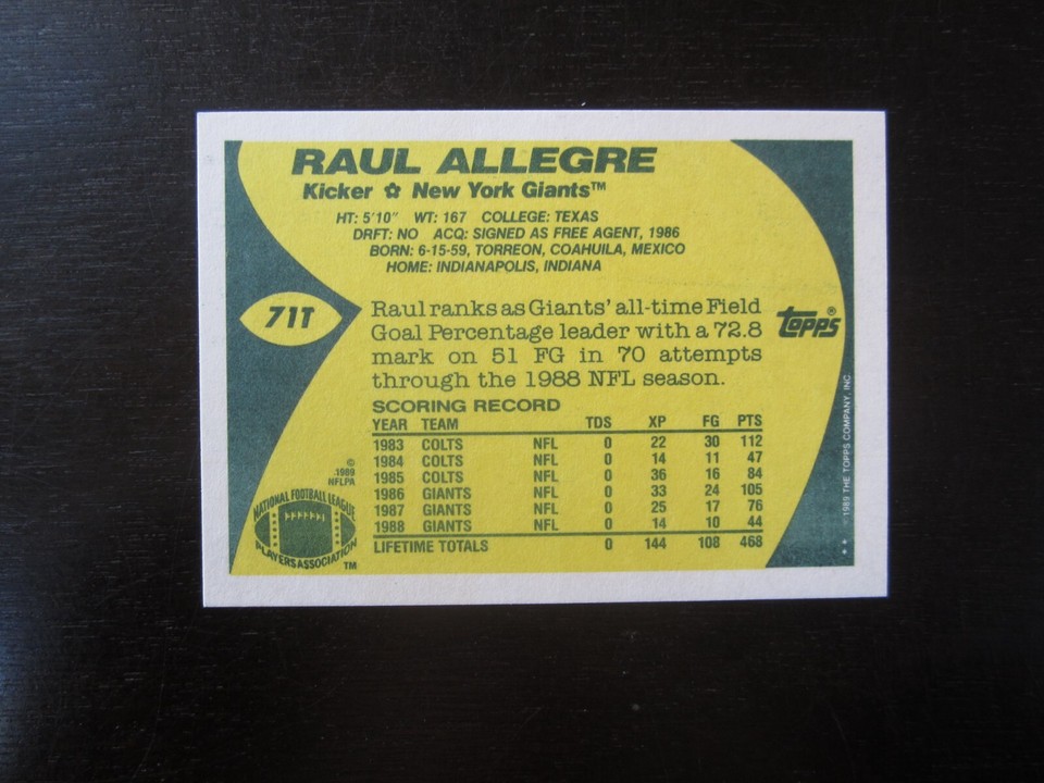 1989 Topps Traded # 71T Raul Allegre Autograph Signed Auto Card (M2 ...