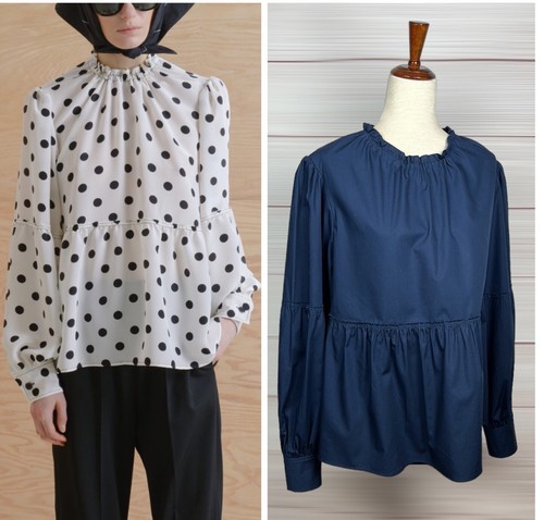 YUNE HO Cotton Blouse Navy Blue Peplum Top Relaxed Fit Drawstring Neck ...