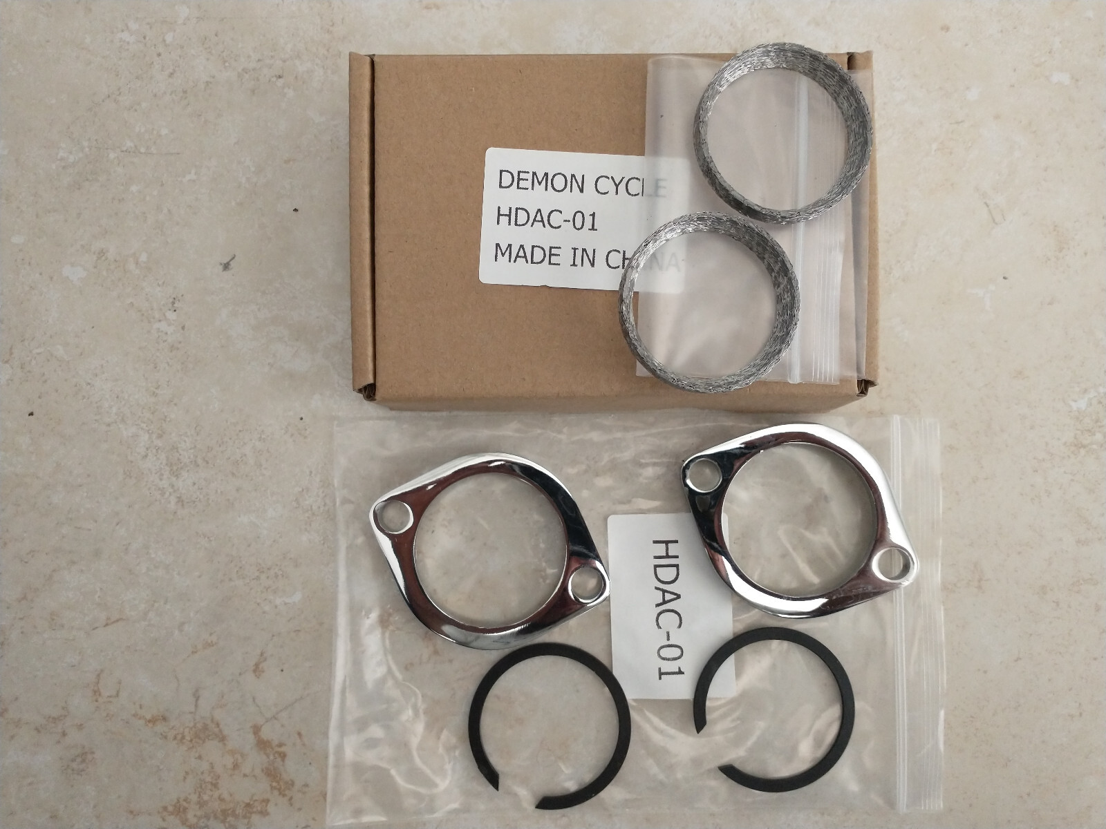 Chrome Exhaust Kit: Flange 65324-83-A, Gasket 65328-83, Retaining Clip ...