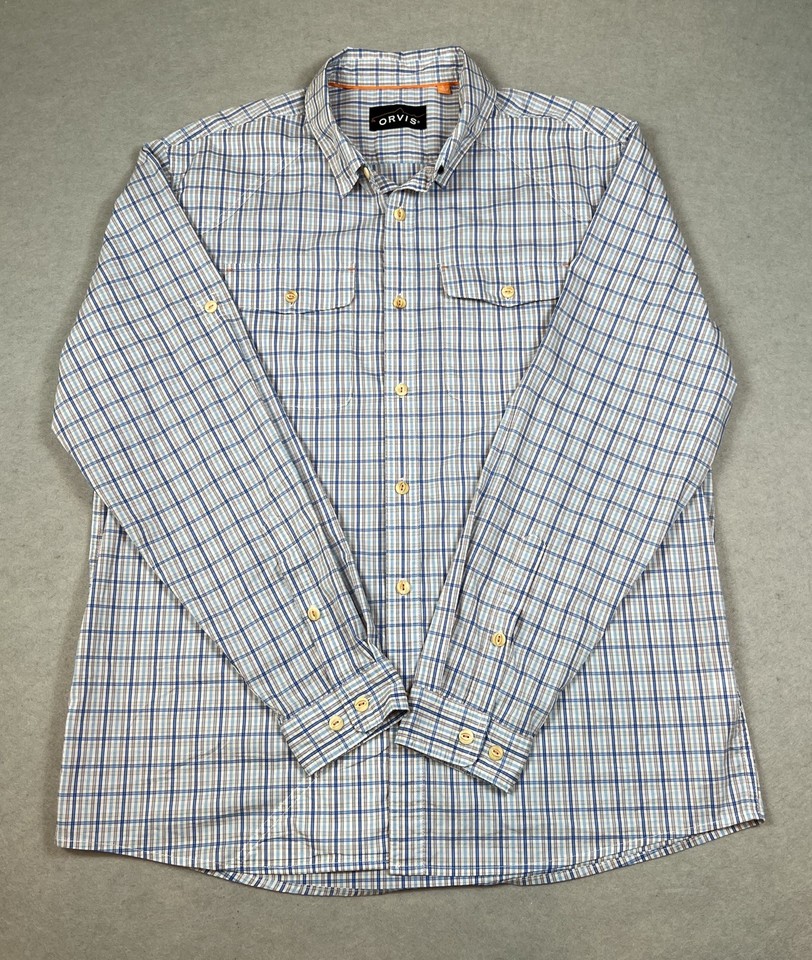 Orvis Trout Bum Western Shirt Men’s L Blue White Plaid Long Sleeve ...