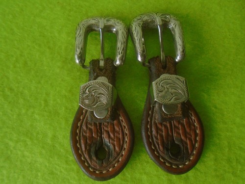 HARRIS Pair (2) STERLING Overlay Hand Engraved BUCKLE Sets~HEADSTALL ...