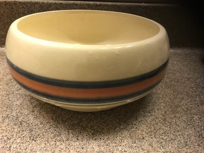 Vtg Yellow Round Pottery Bowl Blue Pink Band Cookson Pottery CP USA 36 ...