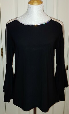 Ladies Prelude Elegant Top Black Size M Flare Arms, Rhinestone and Net ...