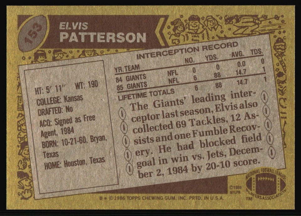 1986 Topps Elvis Patterson Rookie #153 New York Giants | eBay