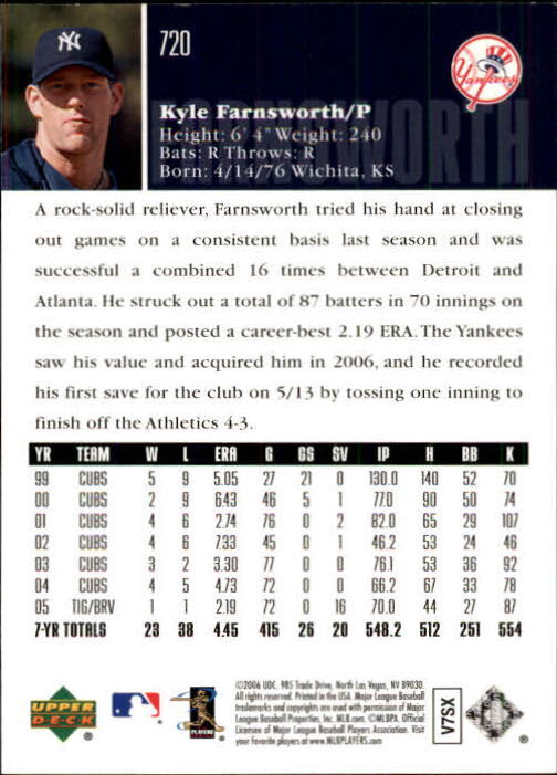 2006 Upper Deck New York Yankees Baseball Card #720 Kyle Farnsworth | eBay