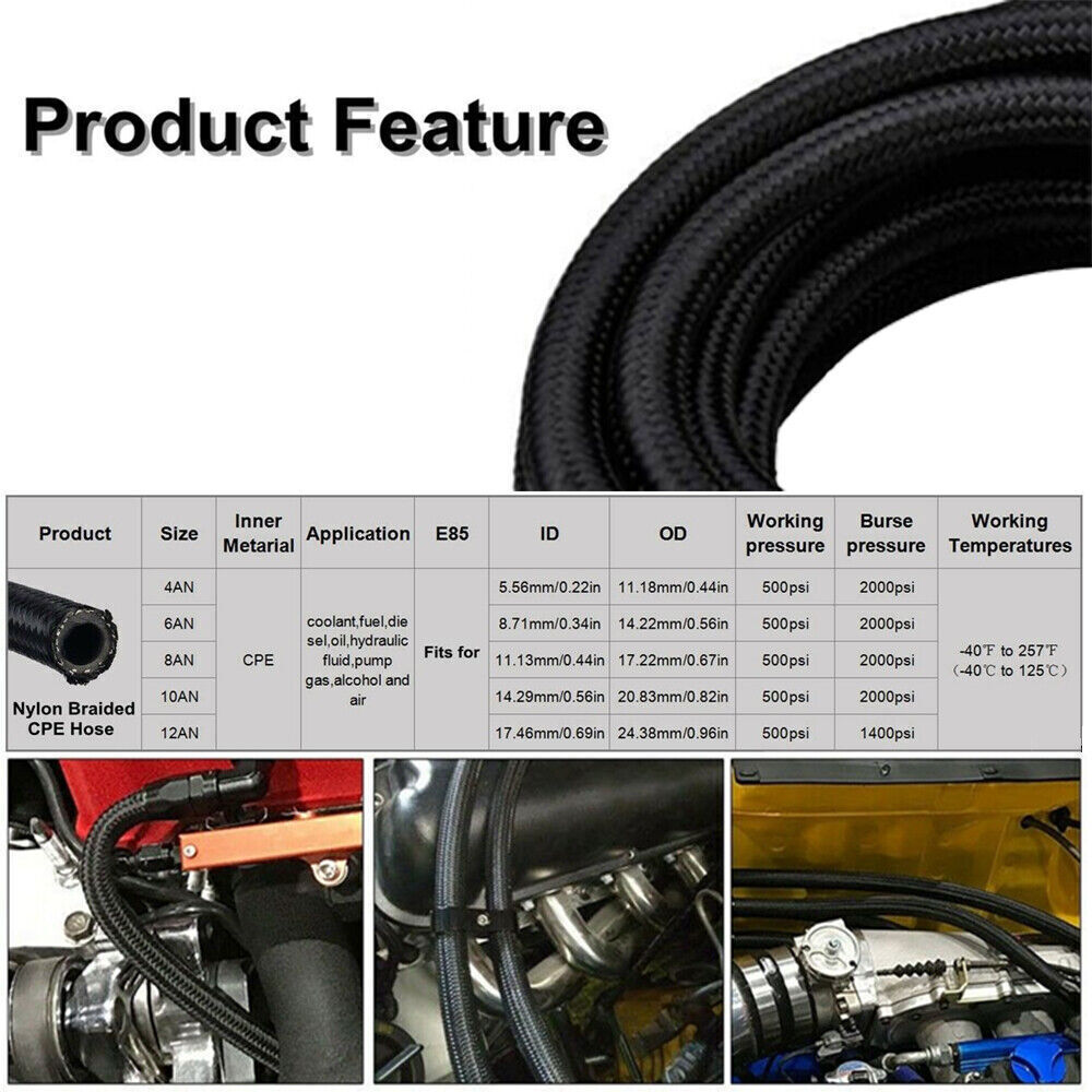 AN6-AN8-AN10-AN12 Fuel Hose Oil Gas Line Nylon/Stainless Steel Braided ...