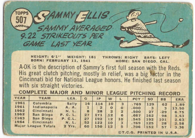 Sammy Ellis 1965 Topps Baseball Card Cincinnati Reds #507 | eBay