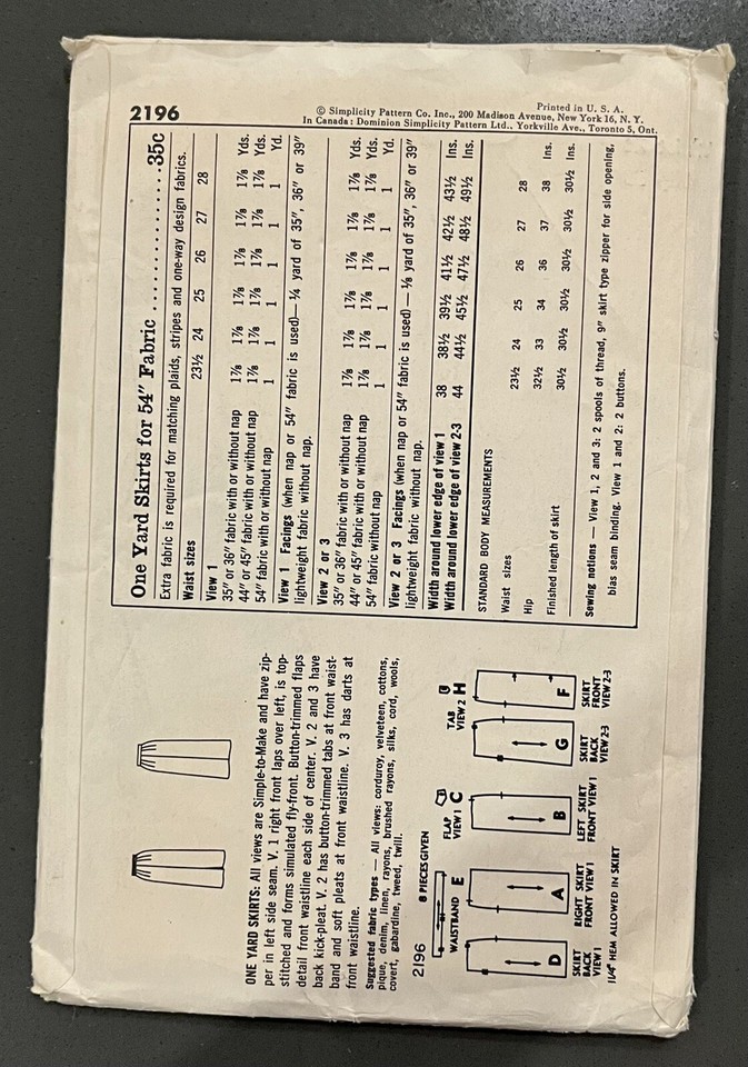 Vintage 1950s Sewing Pattern Simplicity 2196 Skirt Waist 24 Hip 33 | eBay