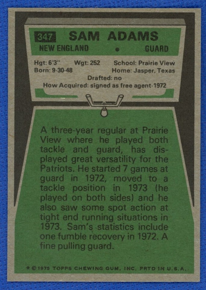 1975 Topps Football # 347 Sam Adams RC New England Patriots | eBay