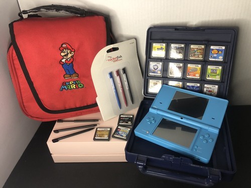Nintendo DSi Light Blue Console w/ Multiple Stylus 15 Games, Carry Case ...
