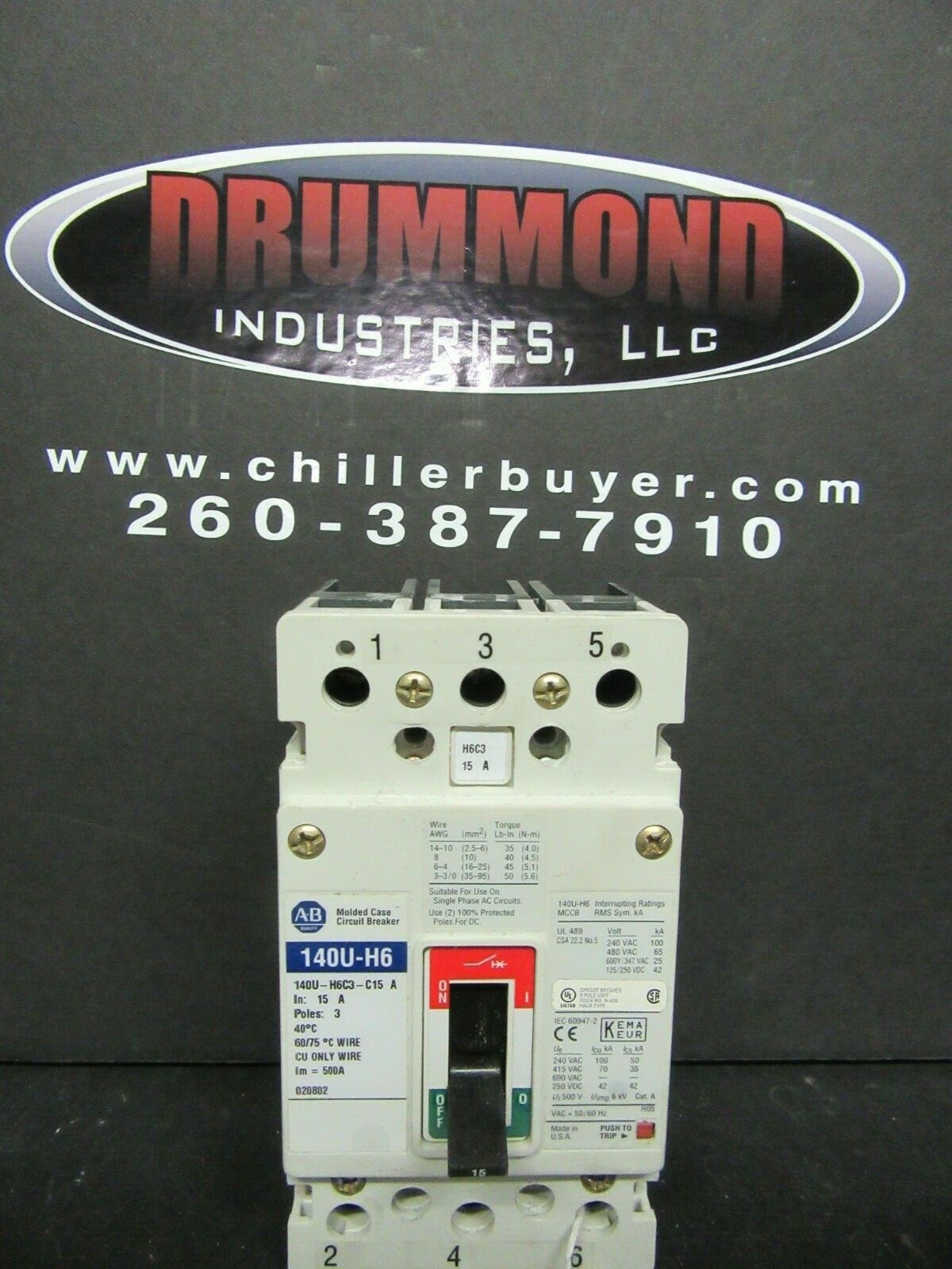 15 AMP ALLEN BRADLEY 140U-H6 BREAKER 140U-H6C3-C15 3 POLE 480 VAC ...