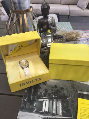 Invicta Women's Rare Lupah White MOP Dial White-Yellow Diamond Leather ...