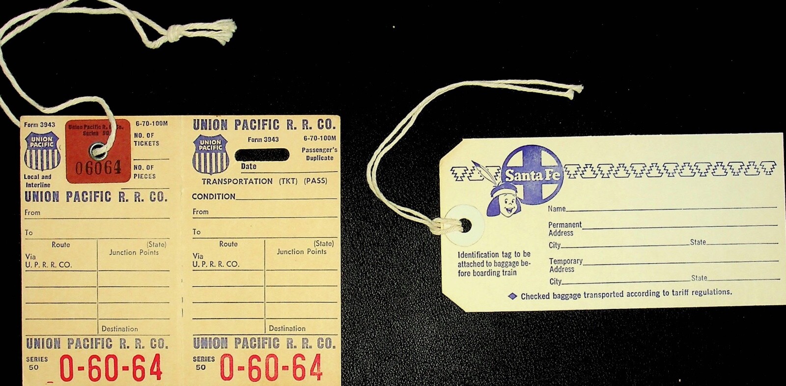 TWO SANTA FE & UNION PACIFIC UNUSED TRANSPORTATION AND LUGGAGE TICKETS ...