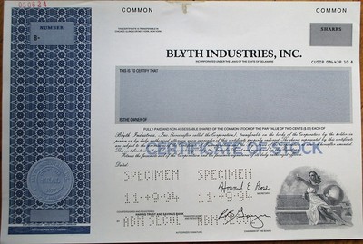 Blyth Industries, Inc. SPECIMEN Stock Certificate- Candles & Decorative ...