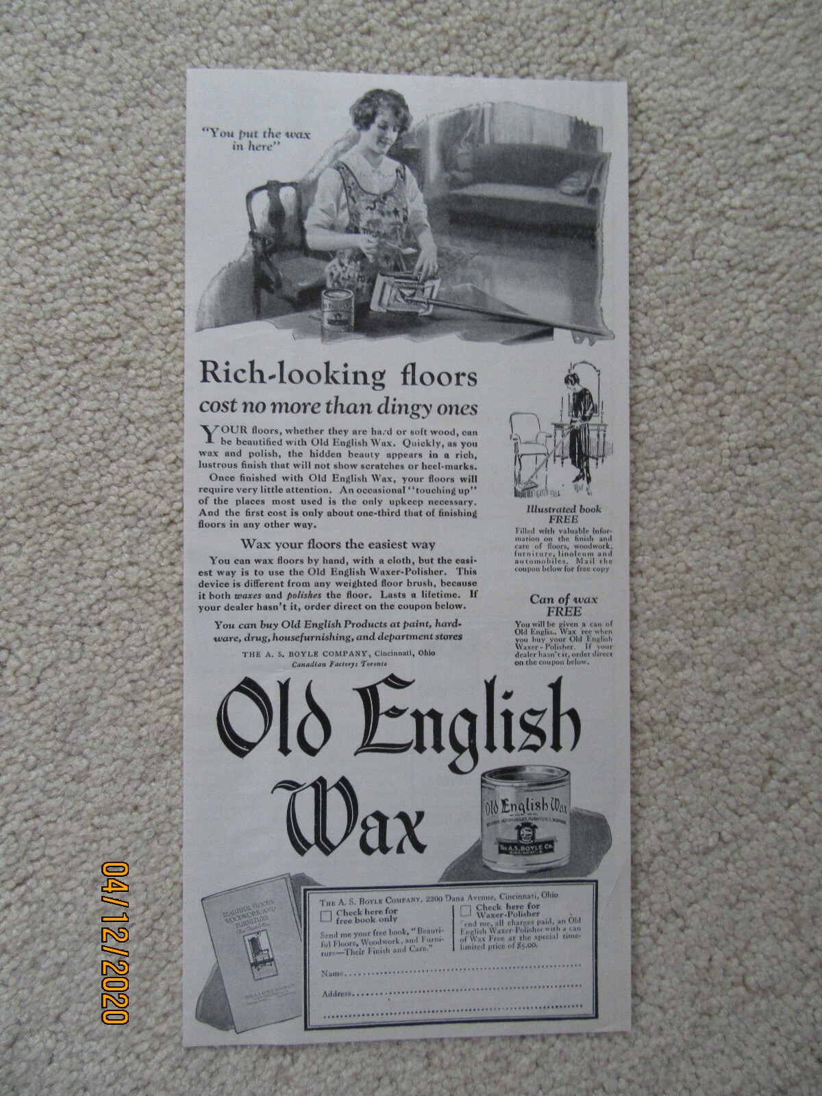 1923 Original Ad - Old English Wax - Rich-Looking Floors, A.S. Boyle Co ...