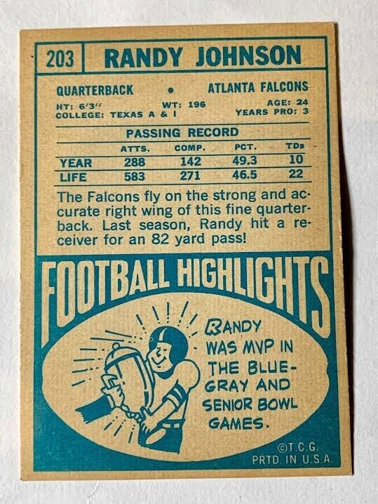 1968 TOPPS RANDY JOHNSON # 203 ATLANTA FALCONS NM | eBay