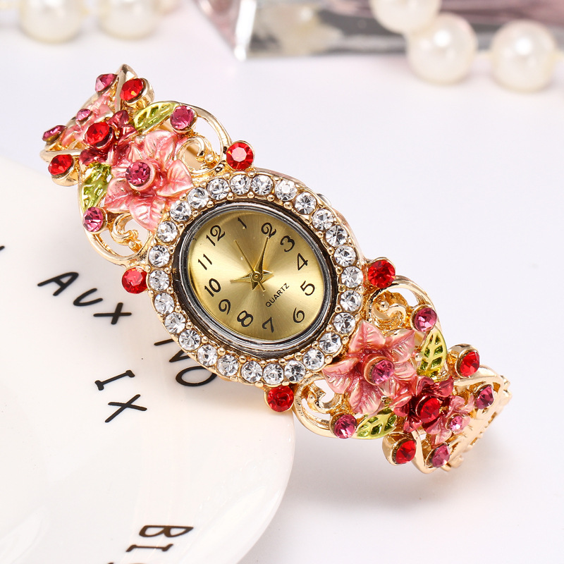 Flower-encrusted hallow women watch lady Casual Leather Strap Quartz ...