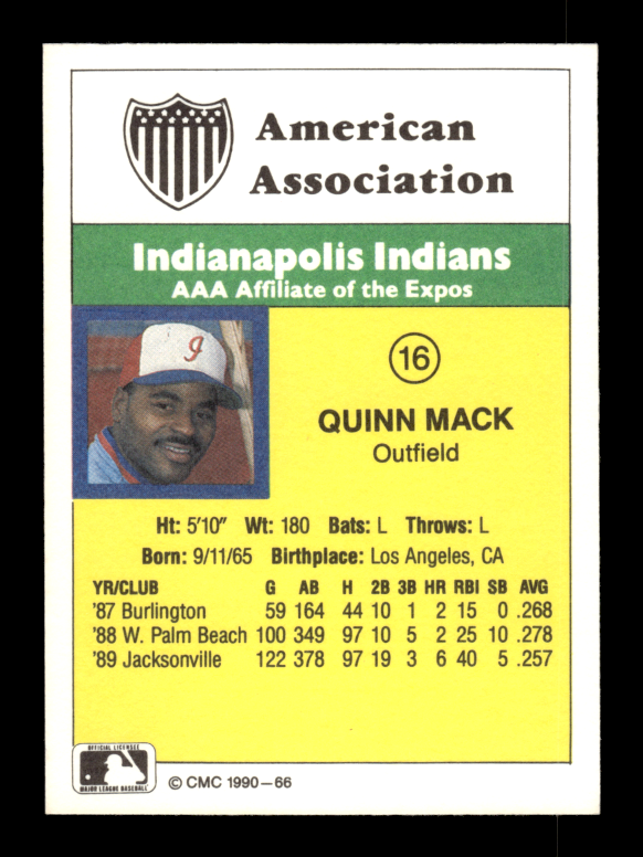 1990 CMC # 16 Quinn Mack Card (ML) Indianapolis Indians Montreal Expos ...