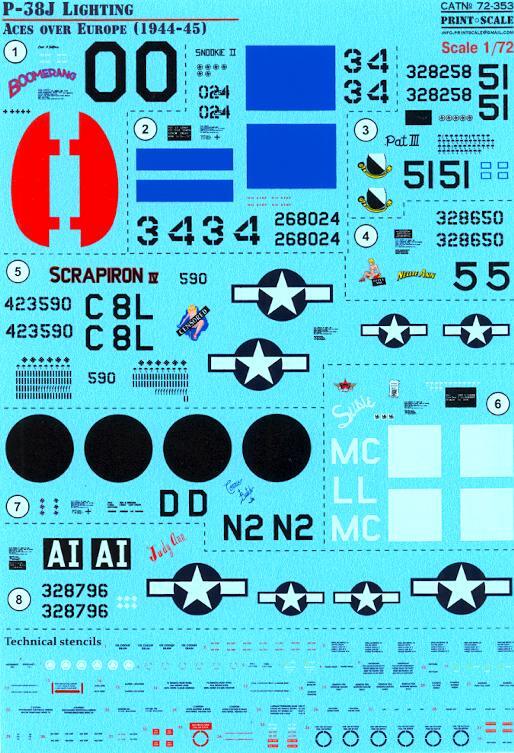 Print Scale Decals 1/72 LOCKHEED P-38 LIGHTNING Aces Over Europe 1944 ...